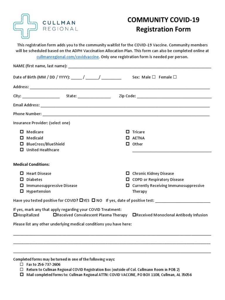 Cullman Regional Community Vaccination Clinic Waitlist Form | PDF