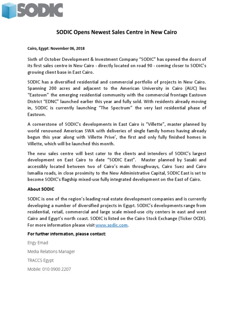 SODIC Opens Newest Sales Centre in New Cairo | PDF