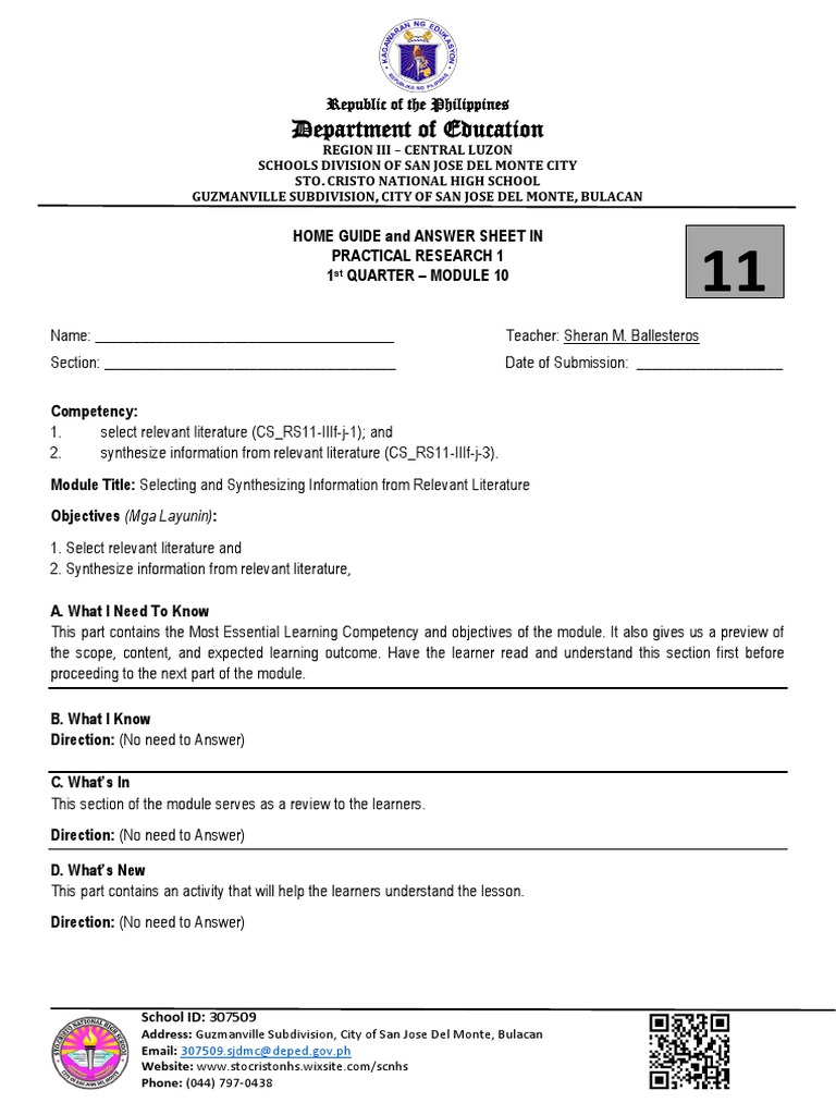 Shs Answer Sheet Template For Pr1 Module 10 | PDF | Abstract (Summary) | Learning