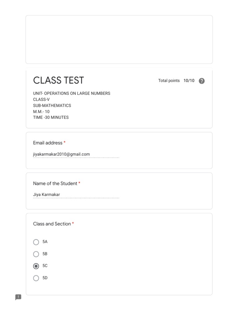Class Test: Total Points Unit-Operations On Large Numbers Class-V Sub ...