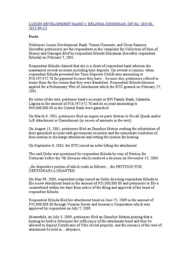 Luzon Development Bank Appeals RTC Order Reinstating Writ of Attachment ...