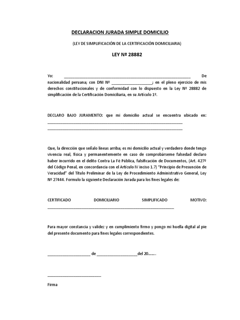 Declaracion Jurada Simple Domicilio | Descargar gratis PDF | Declaración jurada | Ley Pública
