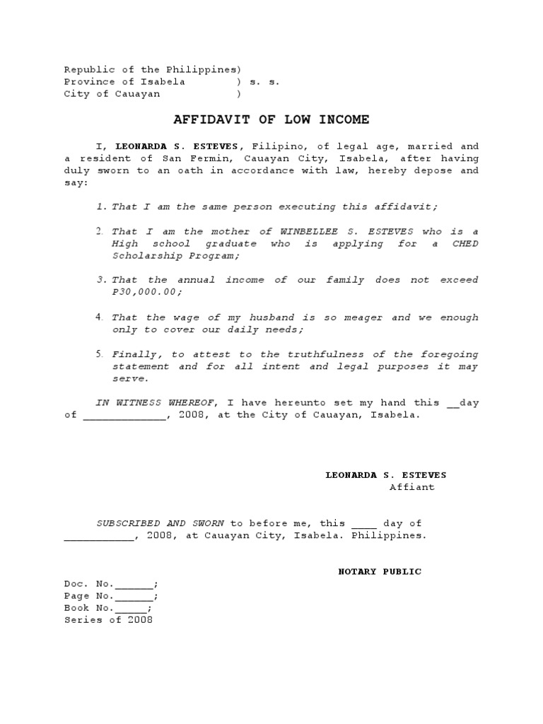 Affidavit of Low Income | PDF | Affidavit | Comparative Law