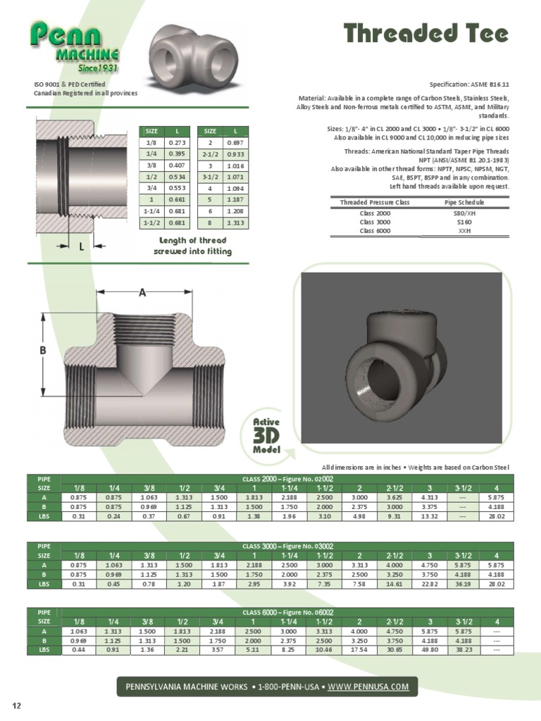 Threaded Tee Dimension - Penn Machine | PDF | Metals | Building Engineering