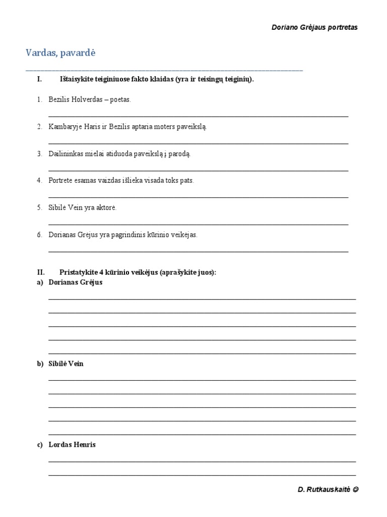 "Doriano Grejaus Portretas" Apklausa, 9 Klasė. | PDF