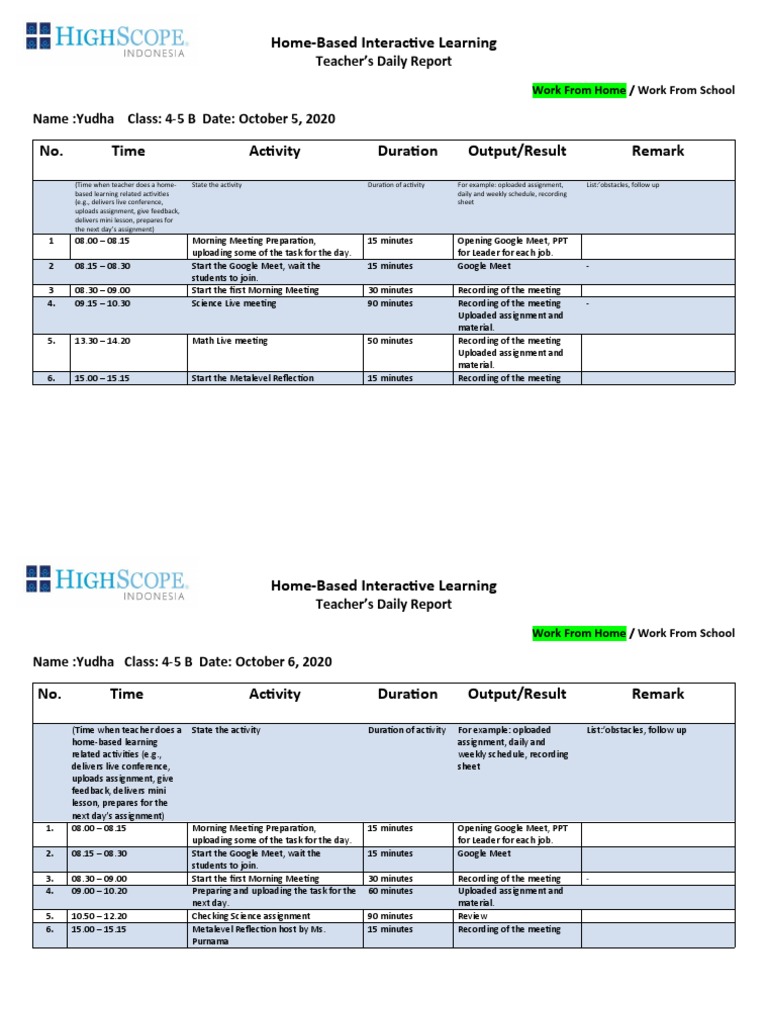 Home-Based Interactive Learning: Teacher's Daily Report | PDF ...