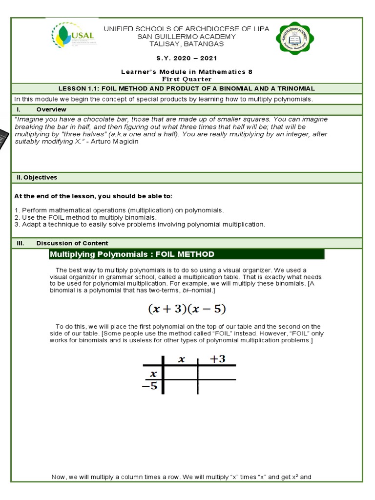 Math - G8 - Lesson 1.1 Special Products Part 1 | PDF | Multiplication ...