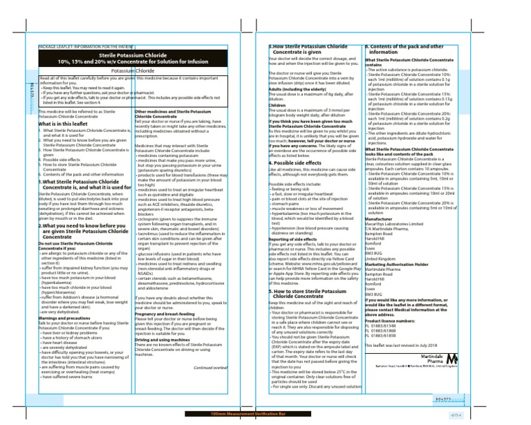 Potassium Chloride Concentrate Infusion Information | PDF | Dose ...