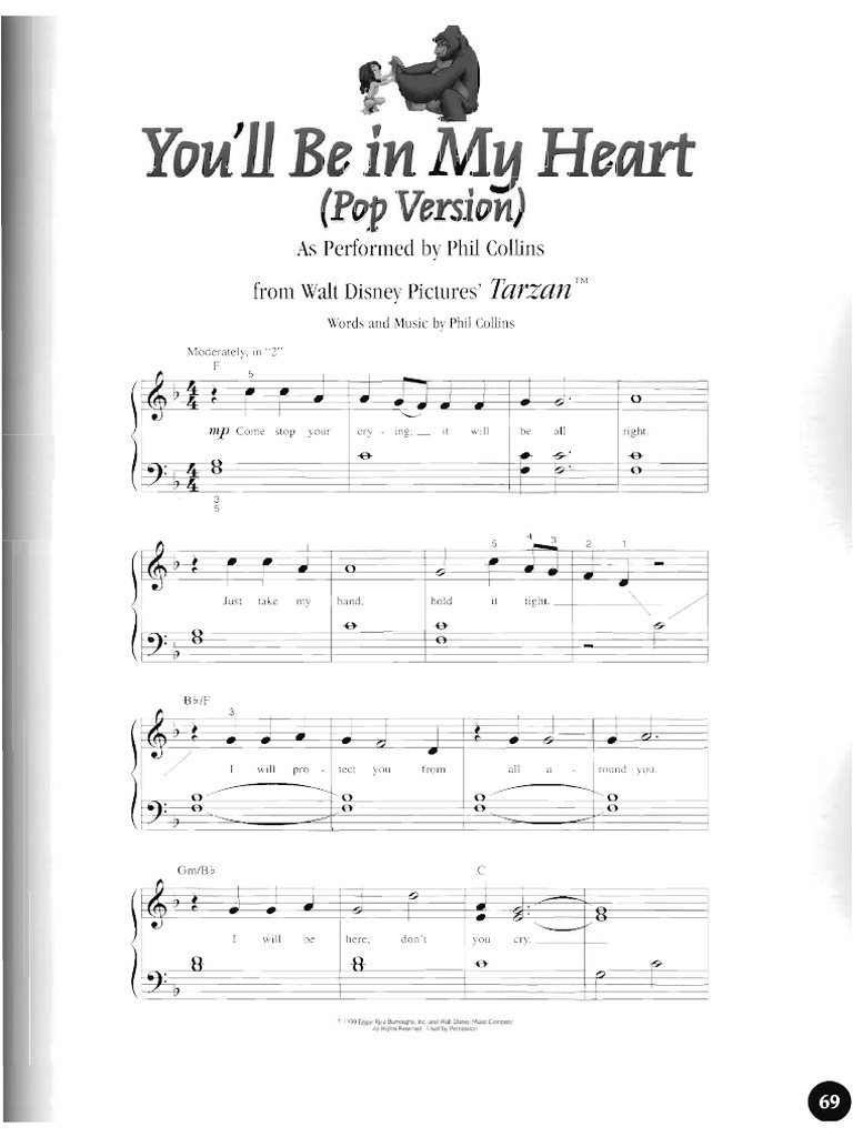 Youll Be In My Heart Tarzan Disney Easy Piano My First Song Book 3