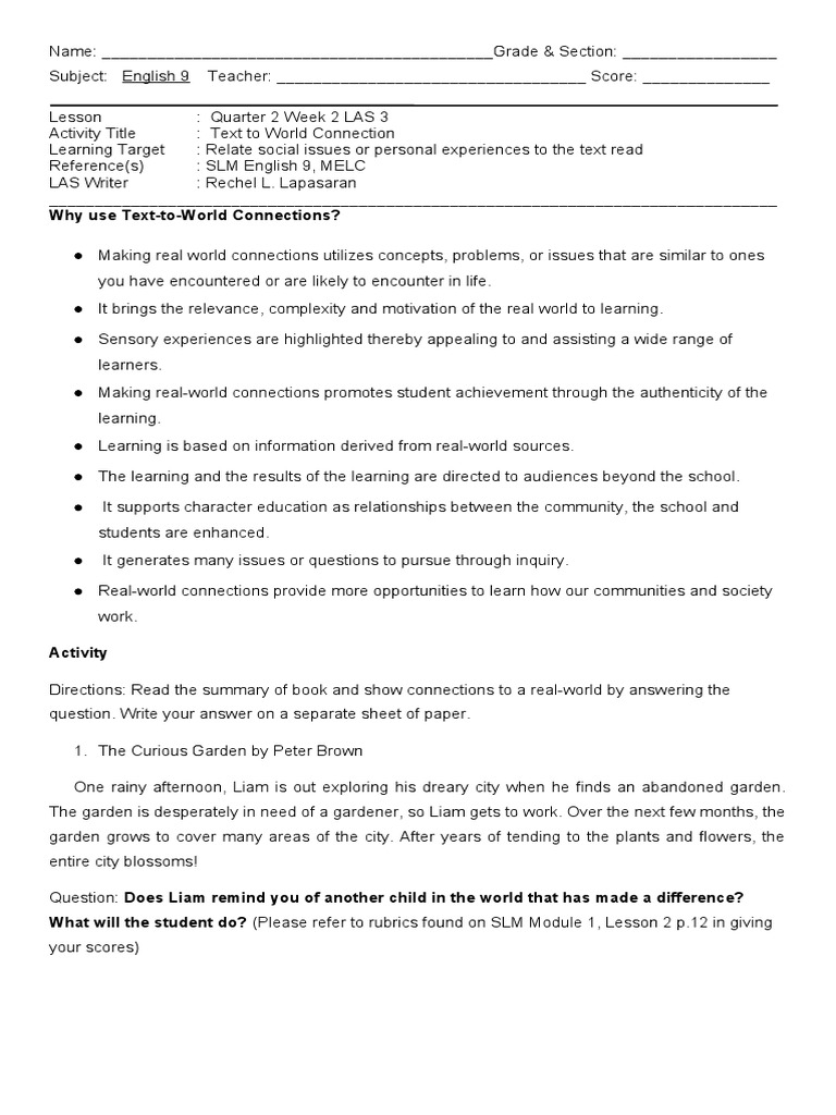 Why Use Text-to-World Connections? | PDF