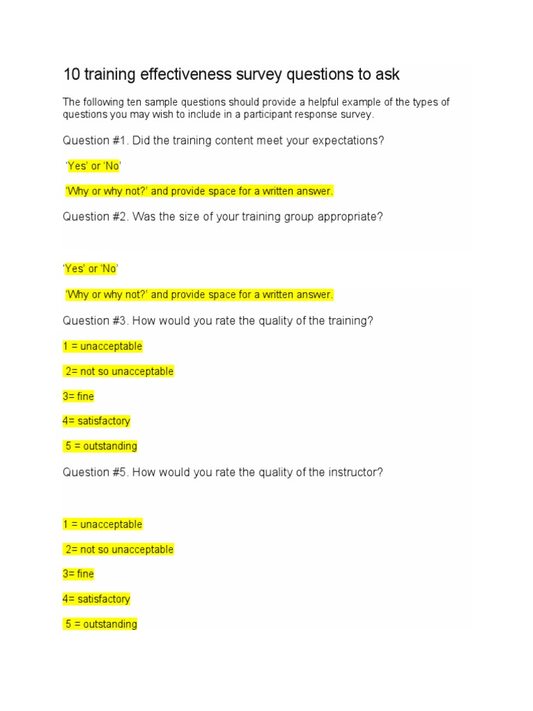 Training Effectiveness Survey Questions | PDF | Career & Growth