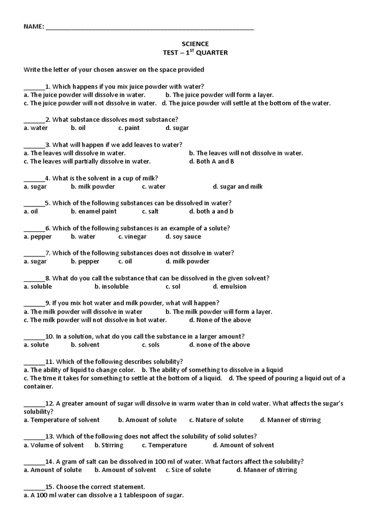 Science Test - 1 Quarter | PDF | Solution | Colloid