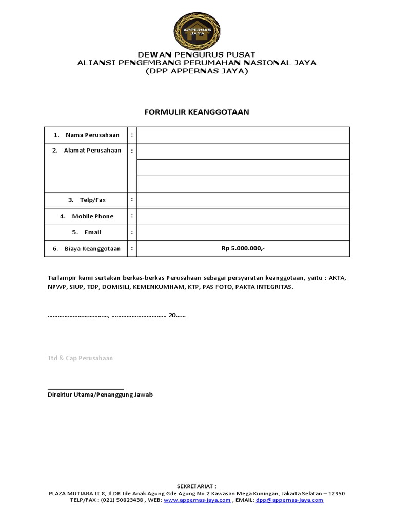 Formulir Keanggotaan Appernas Jaya | PDF | Karier & Perkembangan | Bisnis