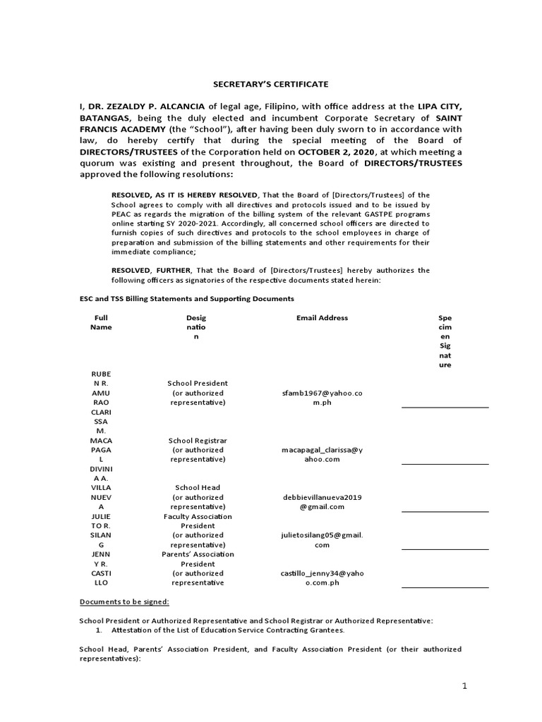 Secretarys Certificate On Assigning Signatories in The ESC and TSS ...