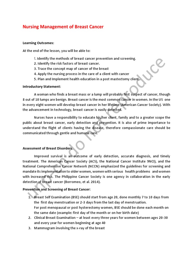 Nursing Management of Breast Cancer: Learning Outcomes | PDF | Breast ...