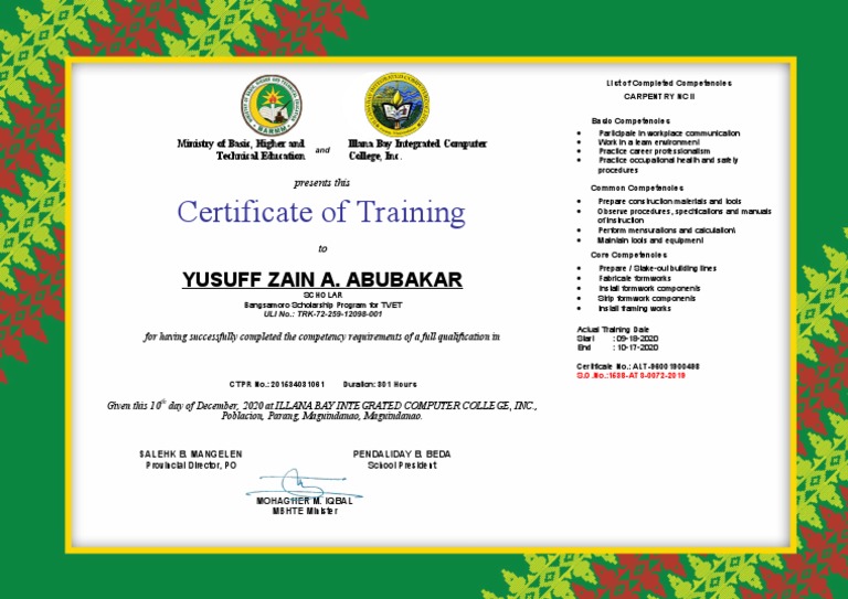 Certificate For Carpentry NC II Template | PDF | Further Education ...