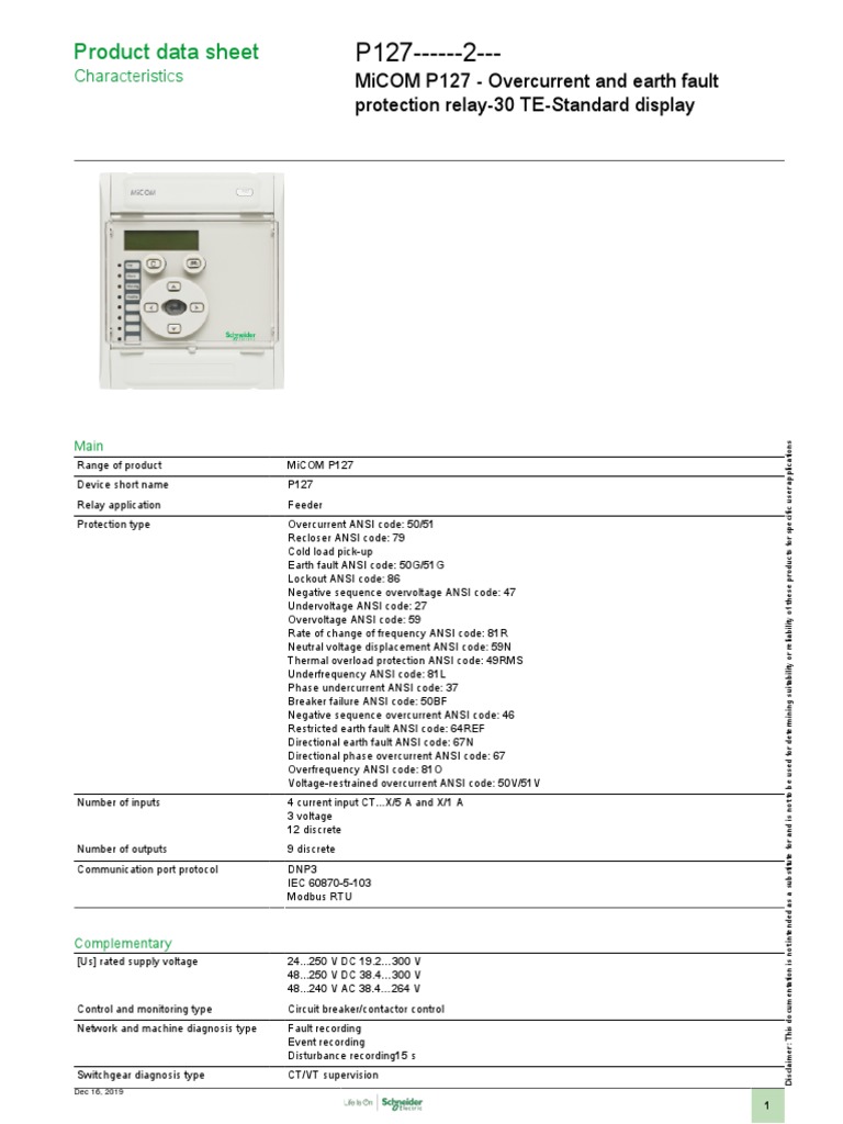 Technical Spec MiCOM P127 | PDF | Power Supply | Electricity