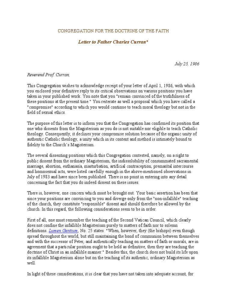 Letter To Father Charles Curran: July 25, 1986 Reverend Prof. Curran ...