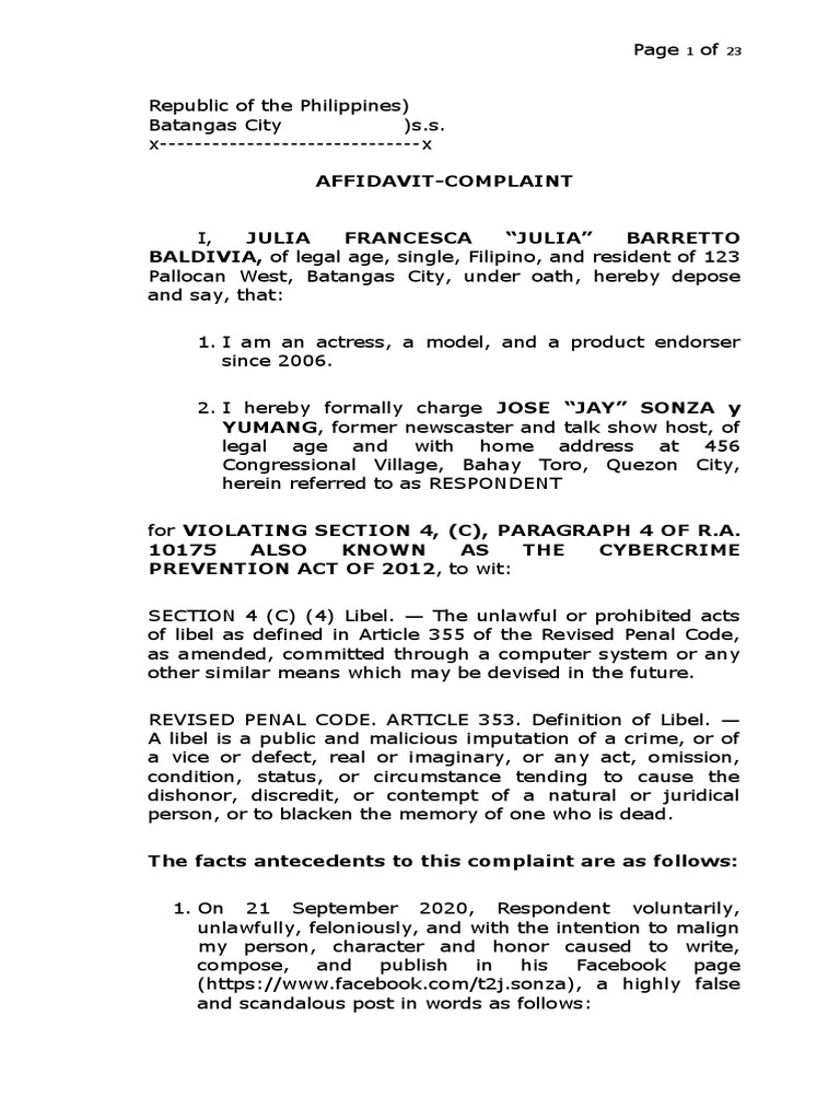 Complaint Affidavit Cyberlibel 1 | PDF | Defamation | Crime & Violence