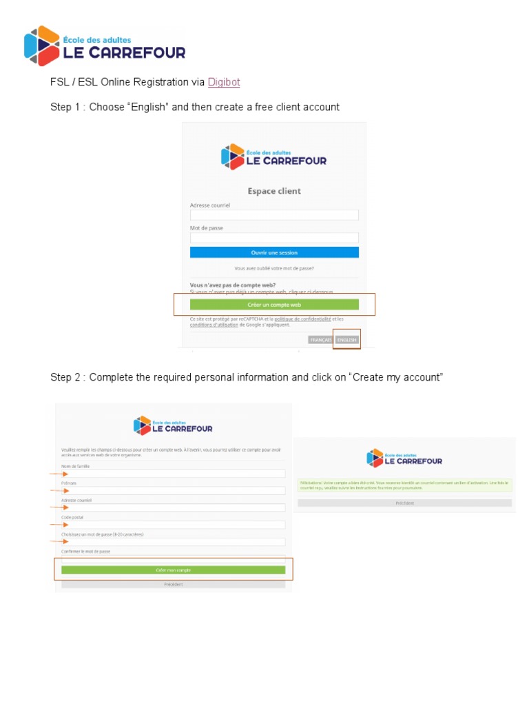 FSL / ESL Online Registration Via Step 1: Choose "English" and Then ...
