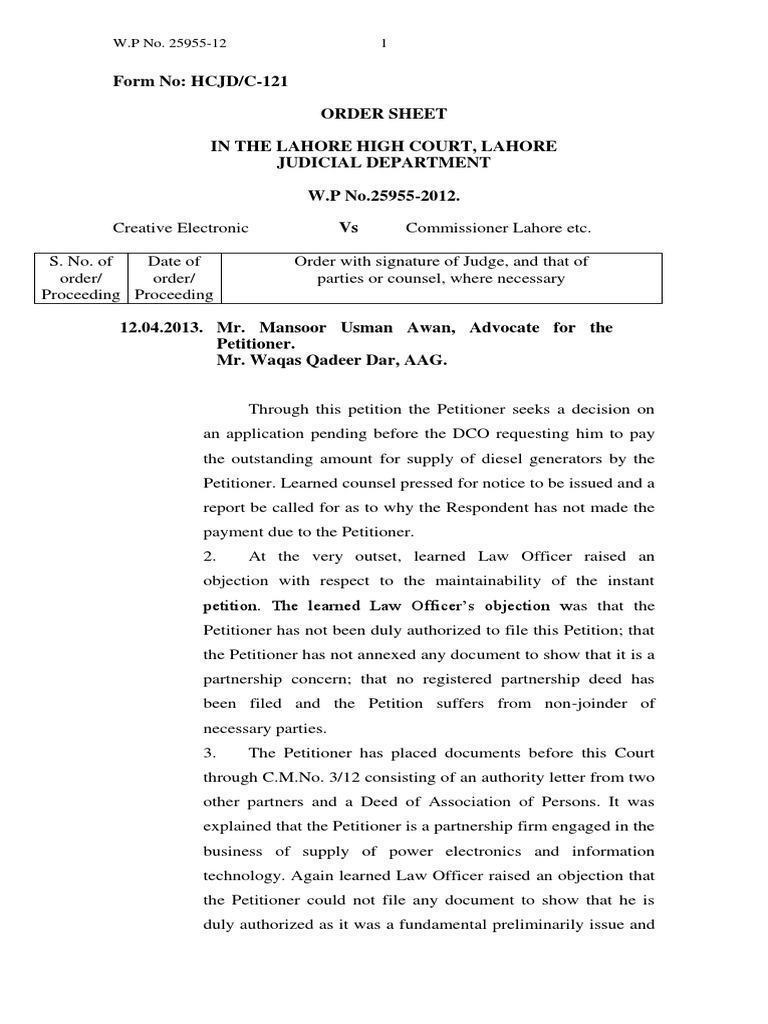 Form No: HCJD/C-121 Order Sheet in The Lahore High Court, Lahore ...
