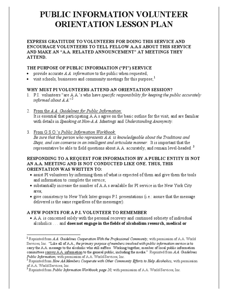 Public Information Volunteer Orientation Lesson Plan: Informed About A ...