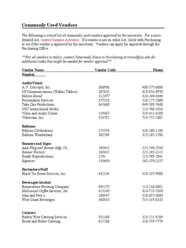 Common Used Vendors 9-1-2010 | PDF | Business