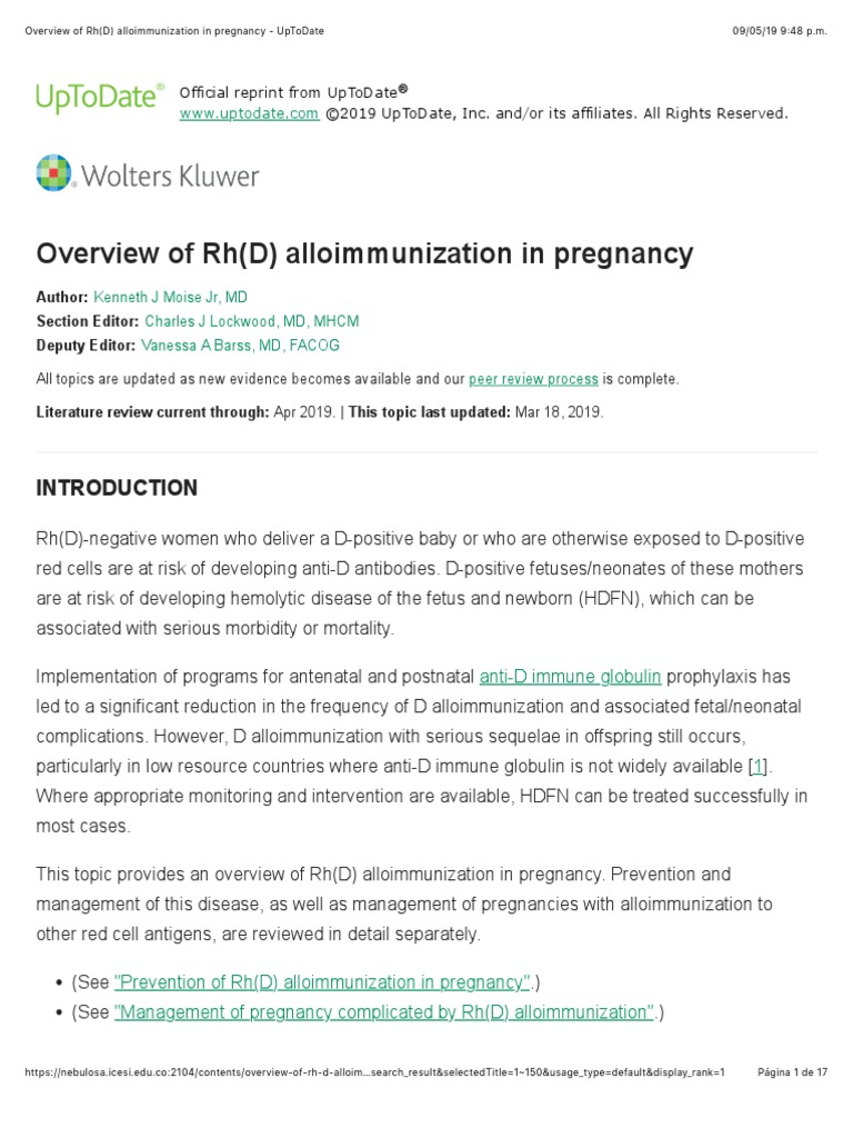 Overview of RH (D) Alloimmunization in Pregnancy - UpToDate | PDF ...