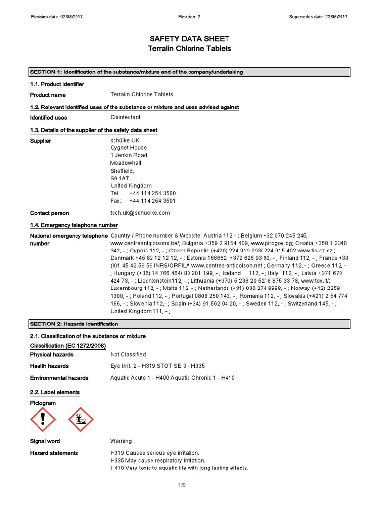 Terralin Chlorine Tablets SDS | PDF | Dangerous Goods | Firefighting