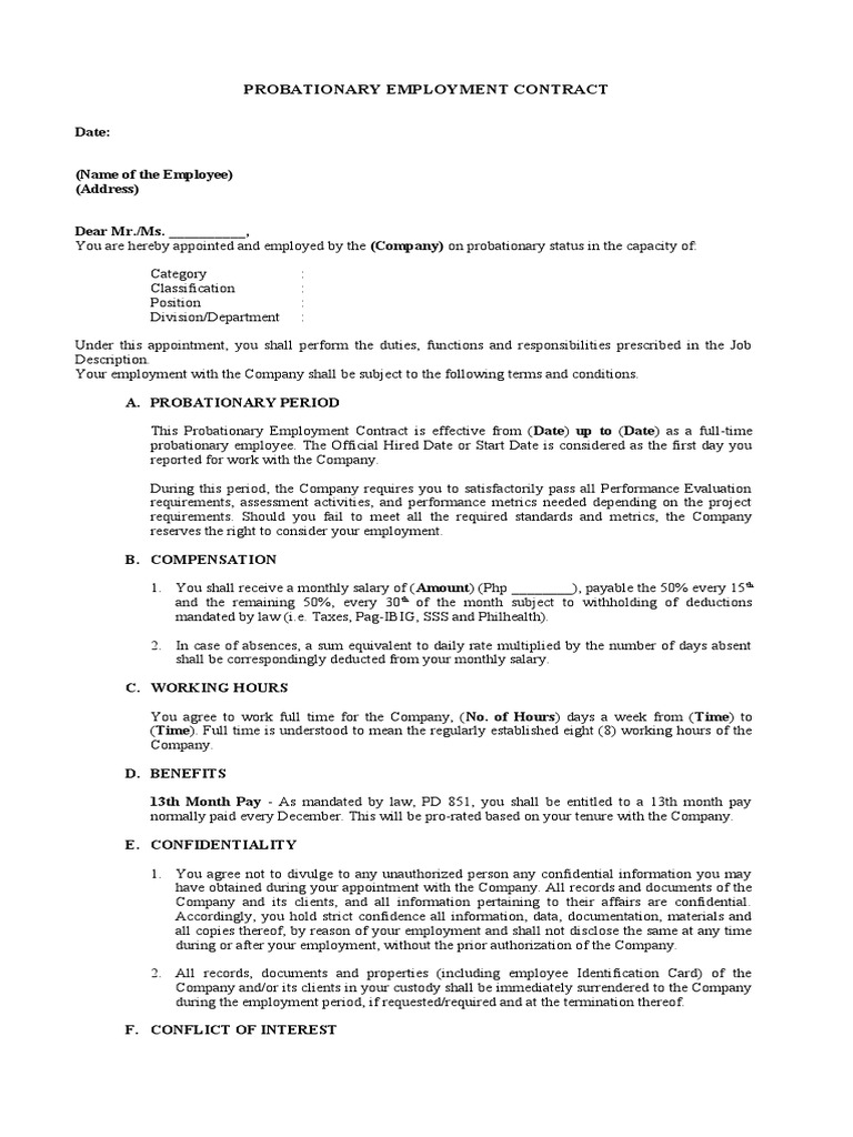 Probationary Employment Contract Template | PDF | Confidentiality ...