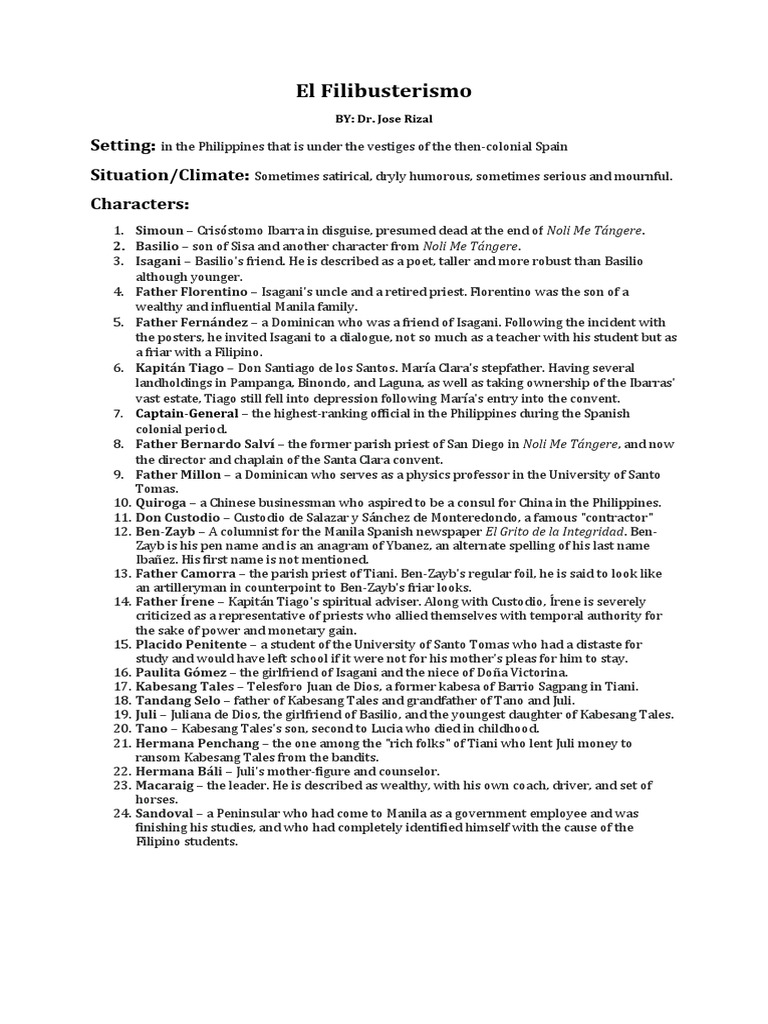 El Filibusterismo: Setting: Situation/Climate: Characters | PDF ...