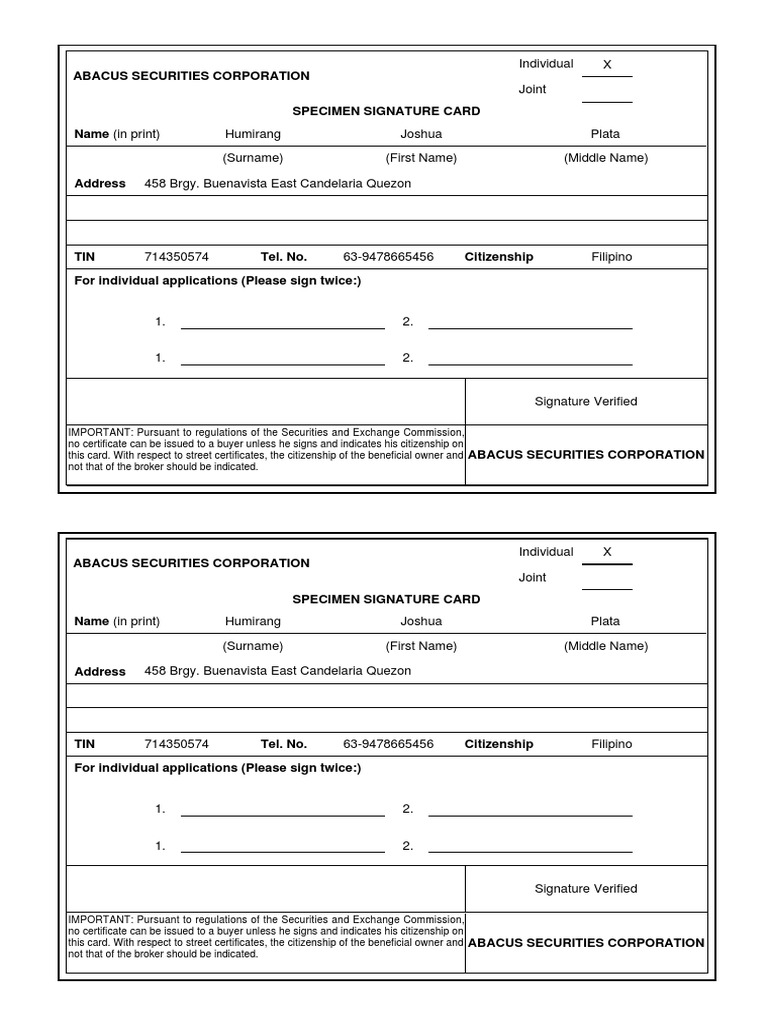 Specimen Signature Card Name (In Print) | PDF | Government And ...