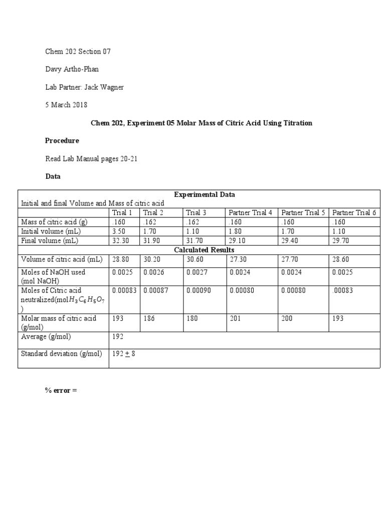Chem 202, Experiment 05 Molar Mass of Citric Acid Using Titration | PDF ...