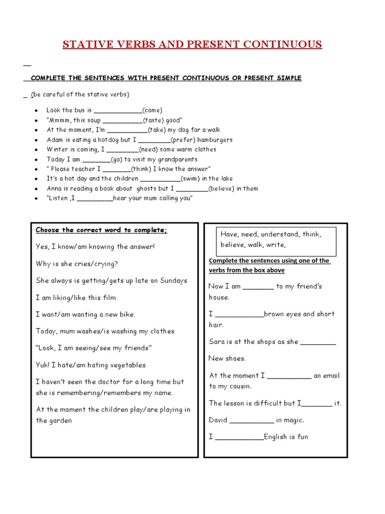 Stative Verbs and Present Continuous: Complete The Sentences With ...