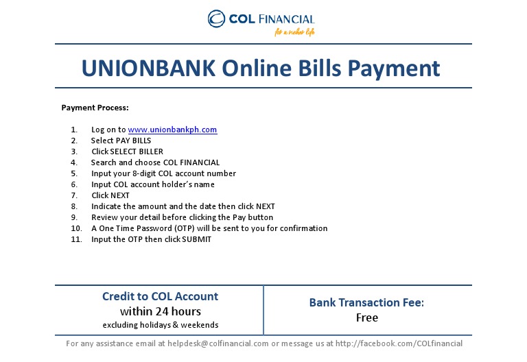 UNIONBANK Online Bills Payment: Credit To COL Account Bank Transaction ...