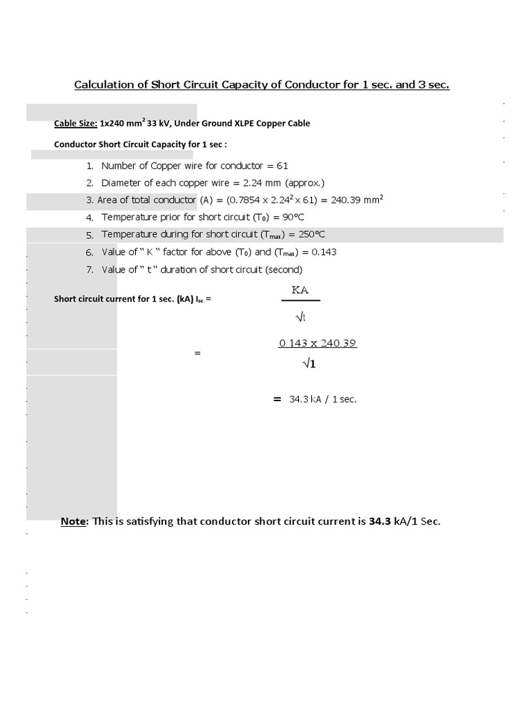 Calculation of Short Circuit Capacity of Conductor For 1 Sec. and 3 Sec ...