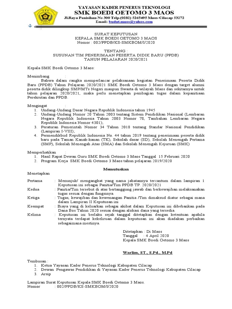 Tim PPDB SMK Boedi Oetomo 2020 | PDF