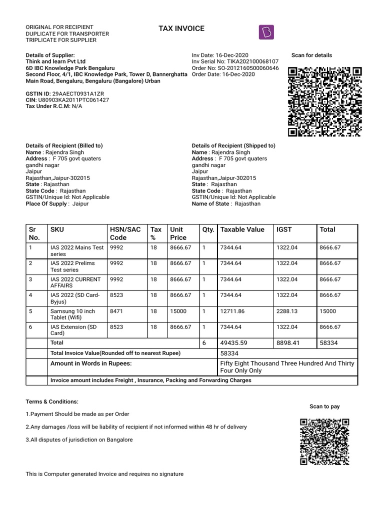 Tax Invoice: SR No. SKU Hsn/Sac Code Tax % Unit Price Qty. Taxable ...