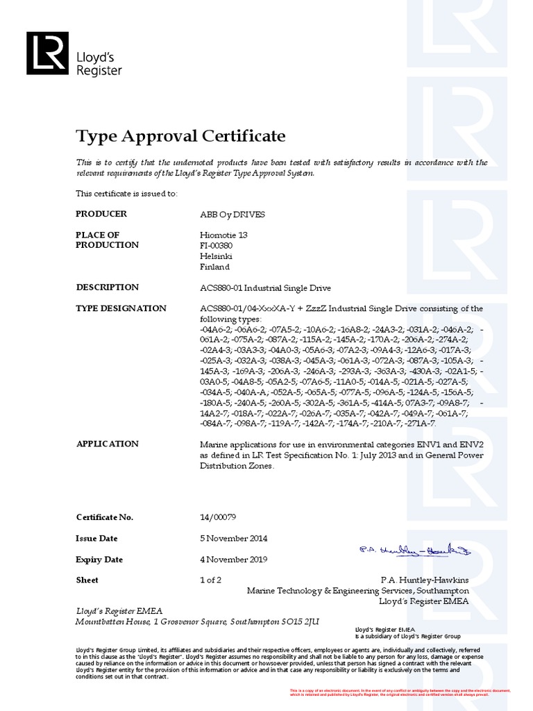 LR Certificate ACS880 01 2014 3AXD10000381105 A | Download Free PDF ...