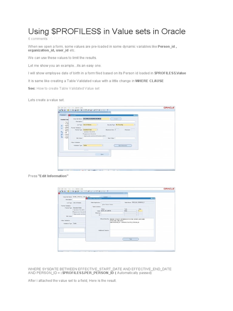 Using $PROFILES$ in Value Sets in Oracle: Saturday, December 01, 2012 | PDF