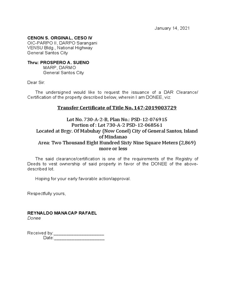 DAR Clearance Request for Property Transfer | PDF | Law