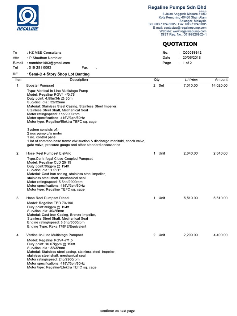 Water Pump Quotation | Download Free PDF | Pump | Gas Technologies