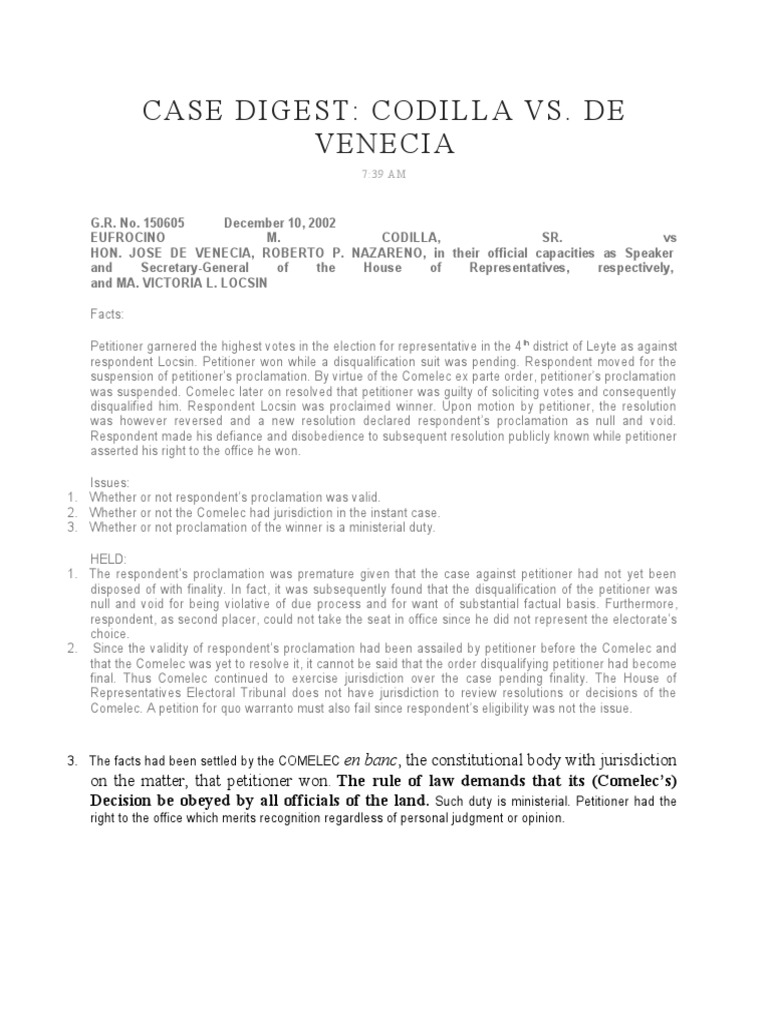 184 Codilla vs. de Venecia Digest | PDF | Commission On Elections (Philippines) | Courts