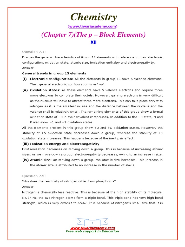 12 Chemistry NcertSolutions Chapter 7 Exercises PDF | PDF | Nitrogen | Chlorine