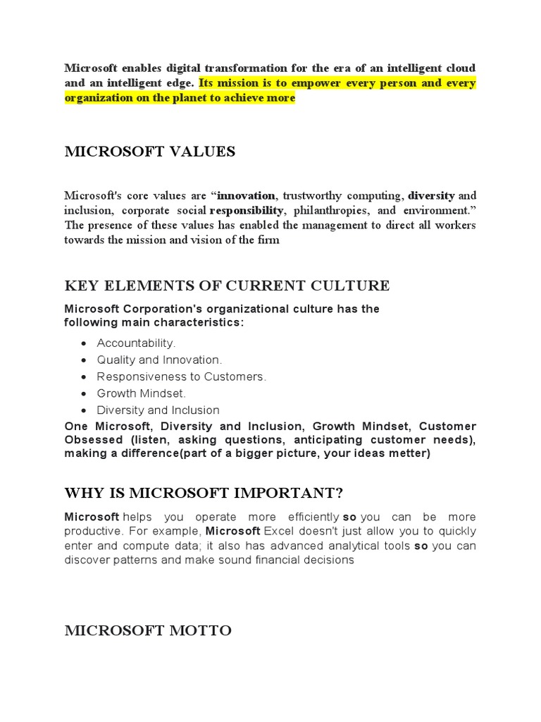 Microsoft Values: Key Elements of Current Culture | PDF
