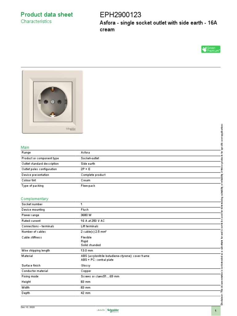 Product Data Sheet: Asfora - Single Socket Outlet With Side Earth - 16A ...
