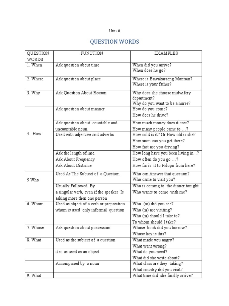 Unit 6 Question Words | PDF | Verb | Noun