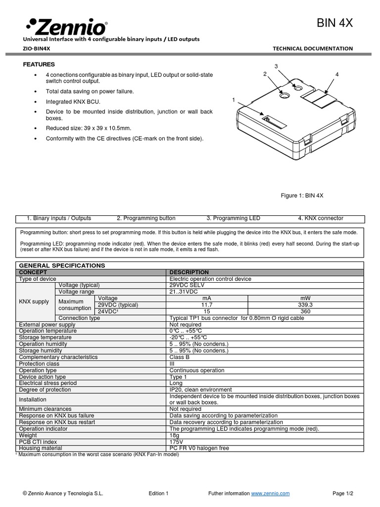 Bin 4X: Universal Interface With 4 Configurable Binary Inputs / LED Outputs Zio-Bin4X Technical ...