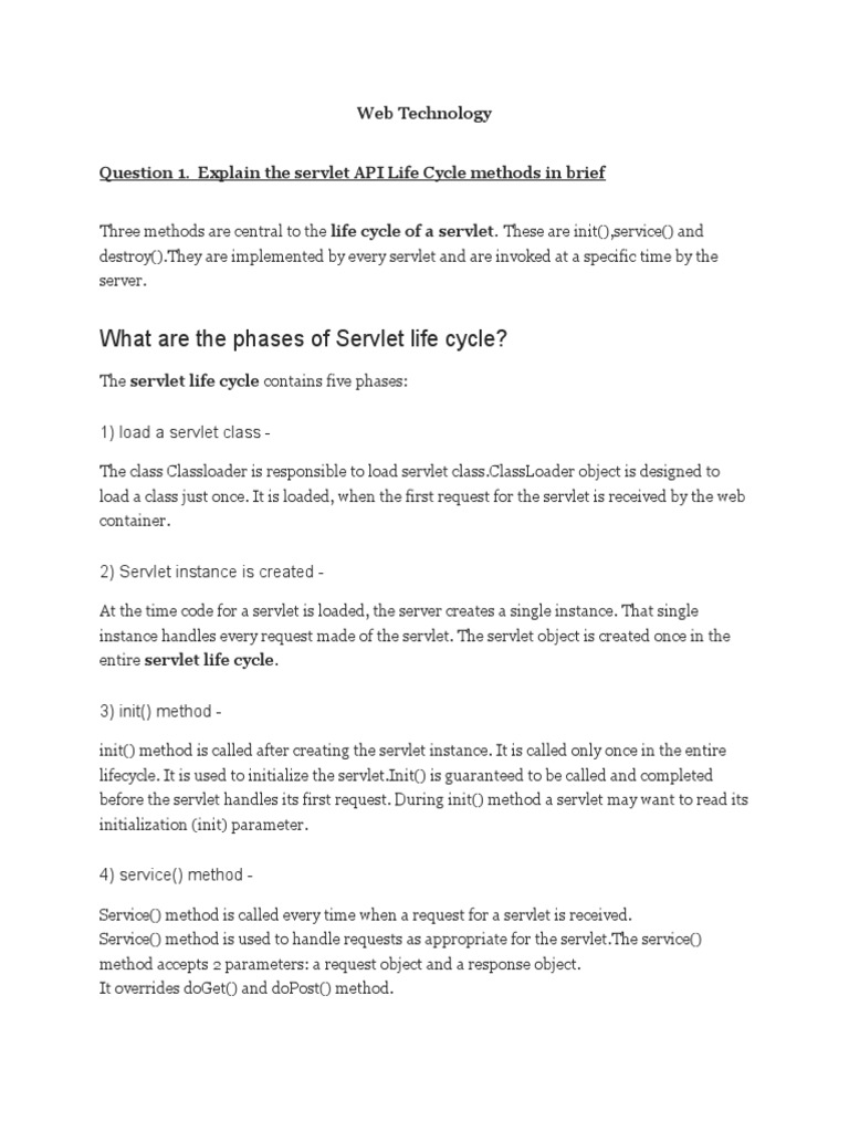 What Are The Phases of Servlet Life Cycle?: Web Technology | PDF | Method (Computer Programming ...