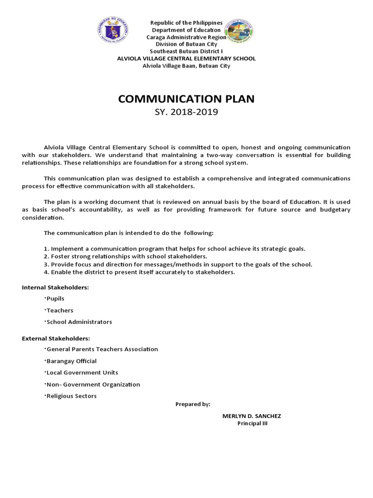 Communication Plan: Alviola Village Central Elementary School | PDF